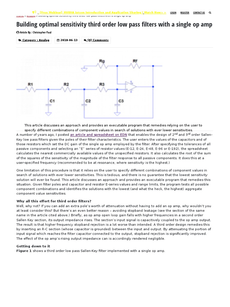 Building Optimal Sensitivity Third Order Low Pass Filters With A Single Op Amp - EDN Asia | PDF ...