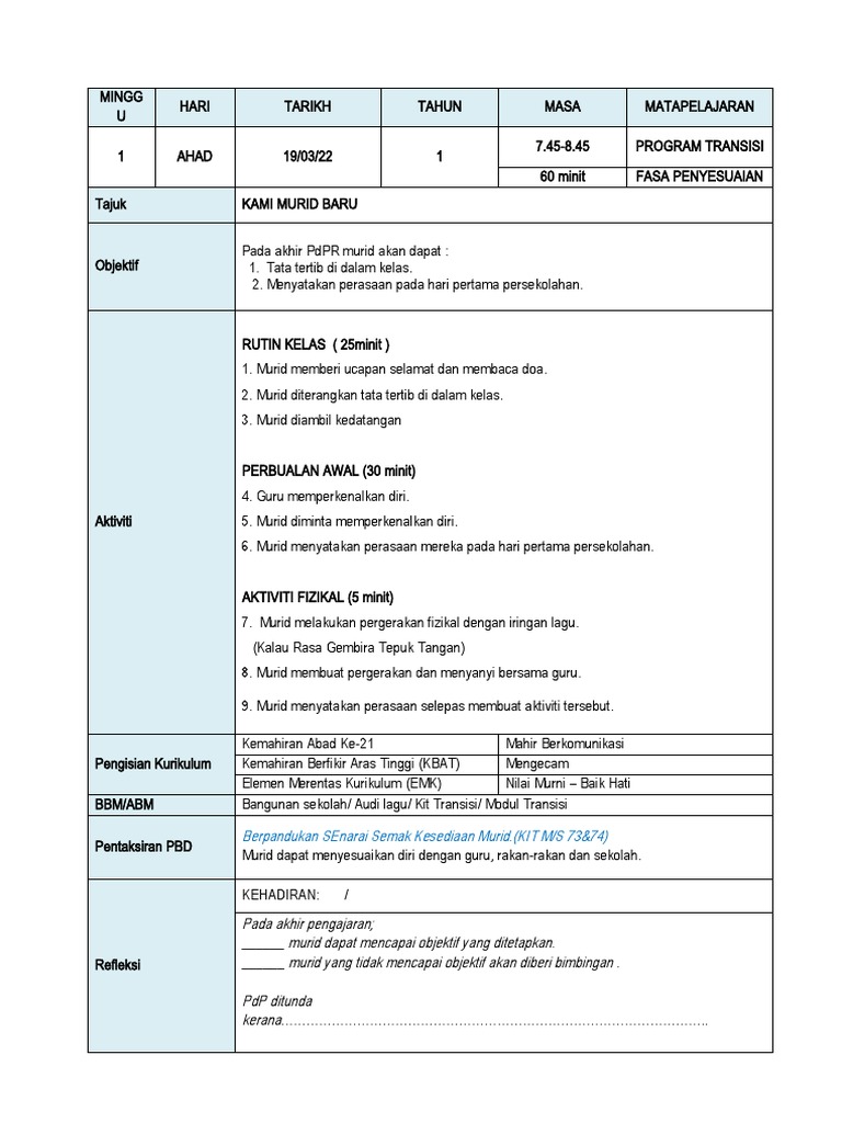 RPH Hari Pertama Transisi 23 | PDF | Karier & Perkembangan