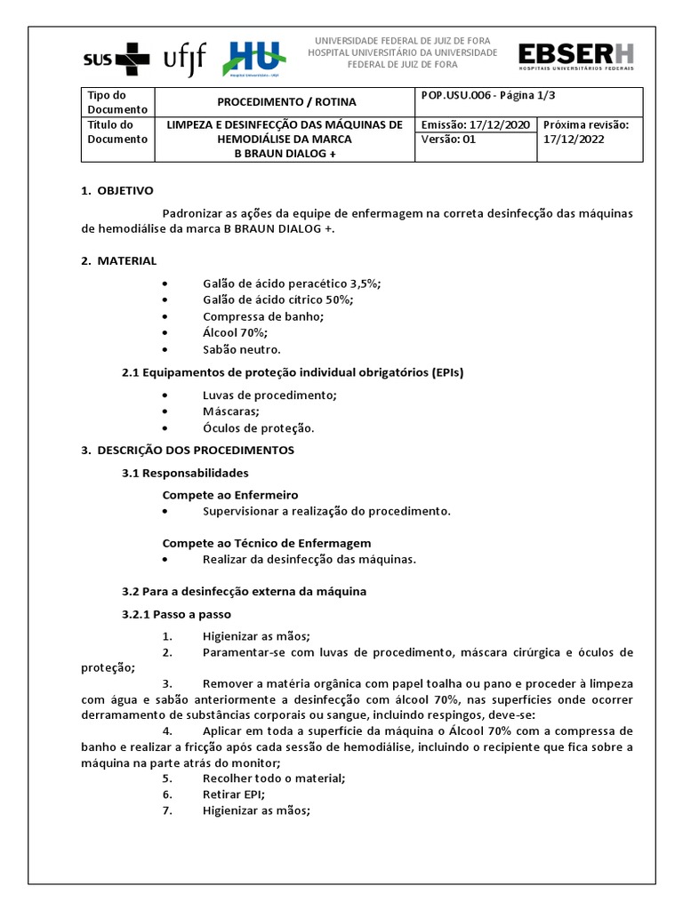 POP USU 006 Limpeza e Desinfecção Das Máquinas de Hemodiálise Da Marca ...