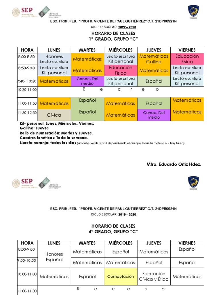 Ejemplo de Horario de Clases Escolar | PDF