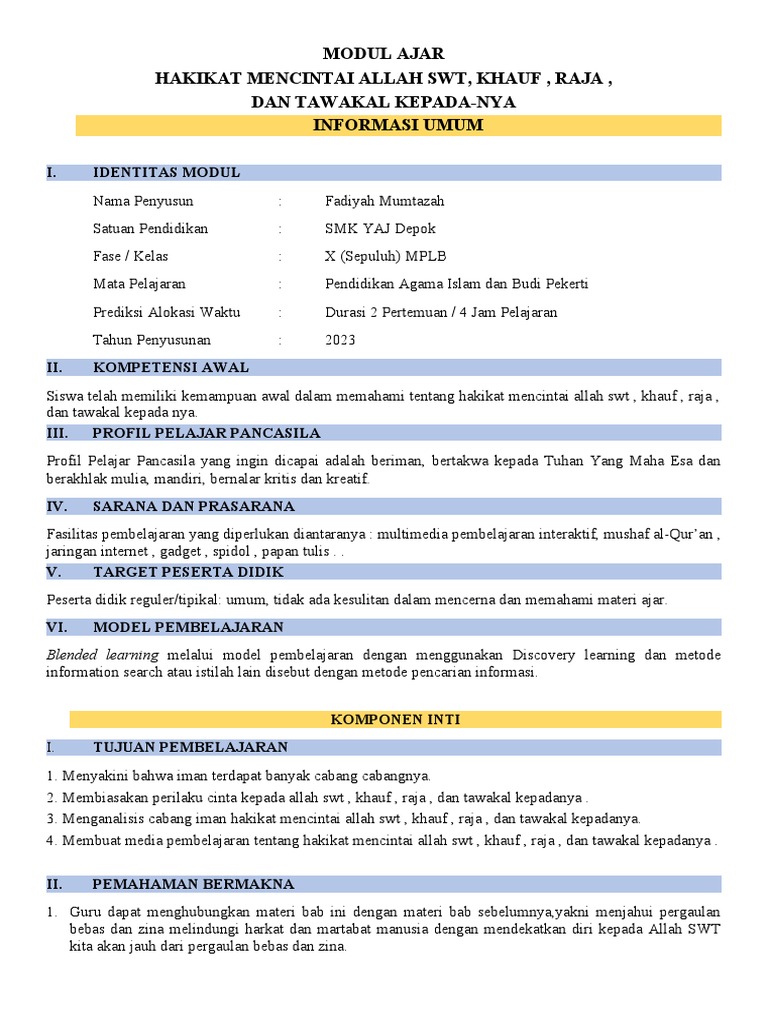 Modul Ajar Kls X YAJ - P1 P2 | PDF