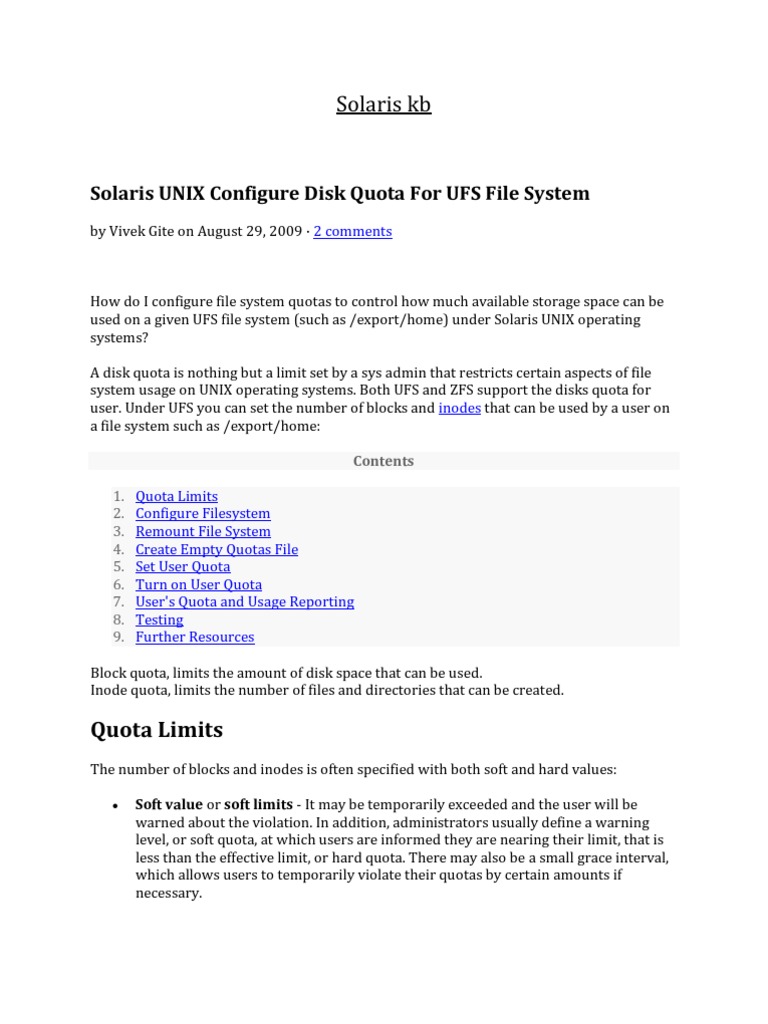 Configuring Disk Quotas and Setting User Quotas on UFS File Systems in Solaris UNIX | PDF | File ...