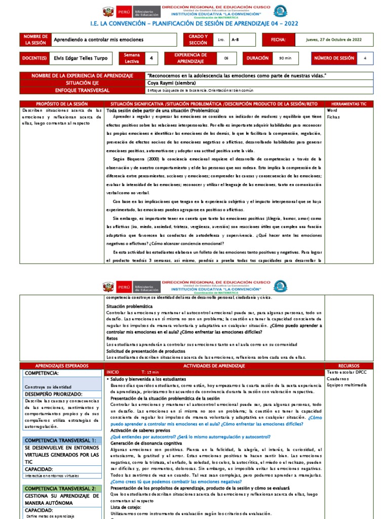 SESIÓN DE APRENDIZAJE DPCC 1° 04 - Experiencia 06 | PDF | Las emociones | Aprendizaje