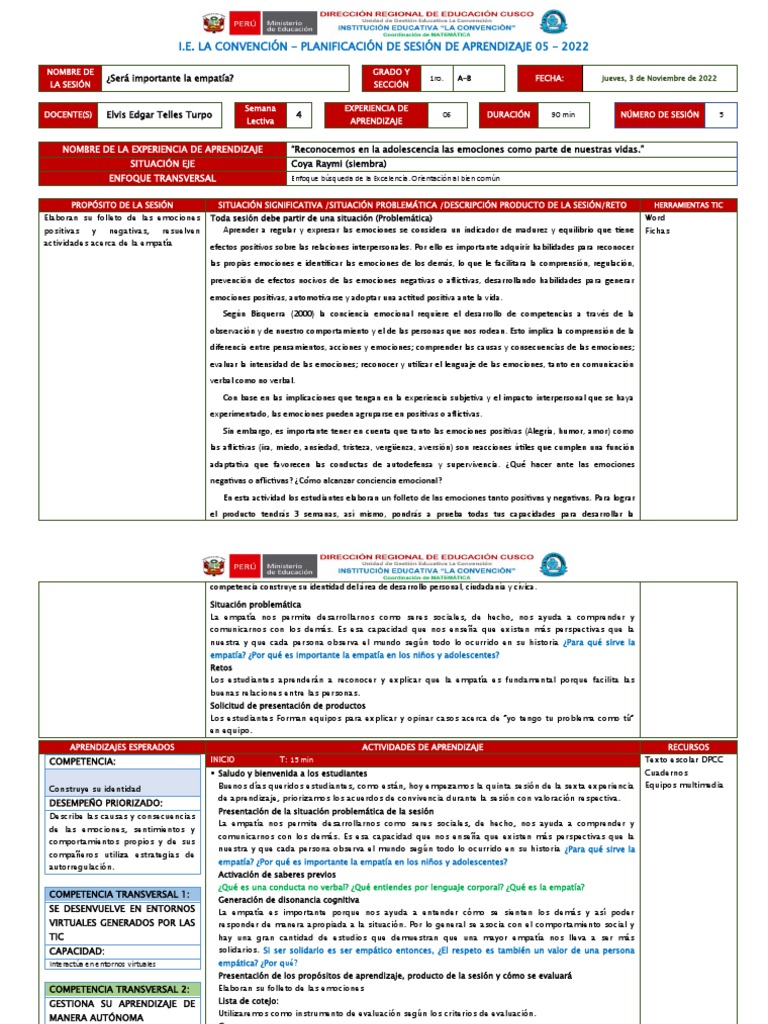 SESIÓN DE APRENDIZAJE DPCC 1° 05 - Experiencia 06 | PDF | Empatía | Las emociones