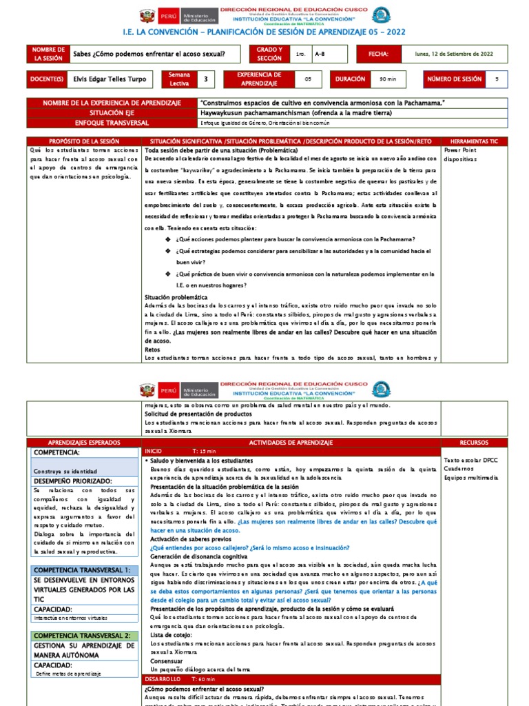 SESIÓN DE APRENDIZAJE DPCC 1° 05 - Experiencia 05 | PDF | Acoso sexual | Aprendizaje
