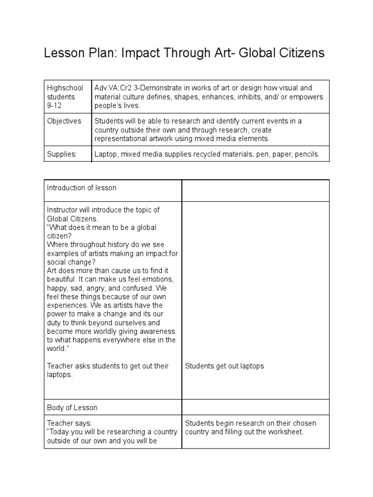 Global Citizenship Art Lesson Plan | PDF | Lesson Plan | Learning