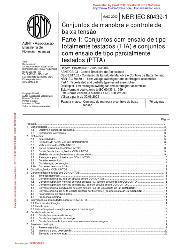 NBR Iec 60439-1 PDF | PDF | Condutor elétrico | Rede elétrica