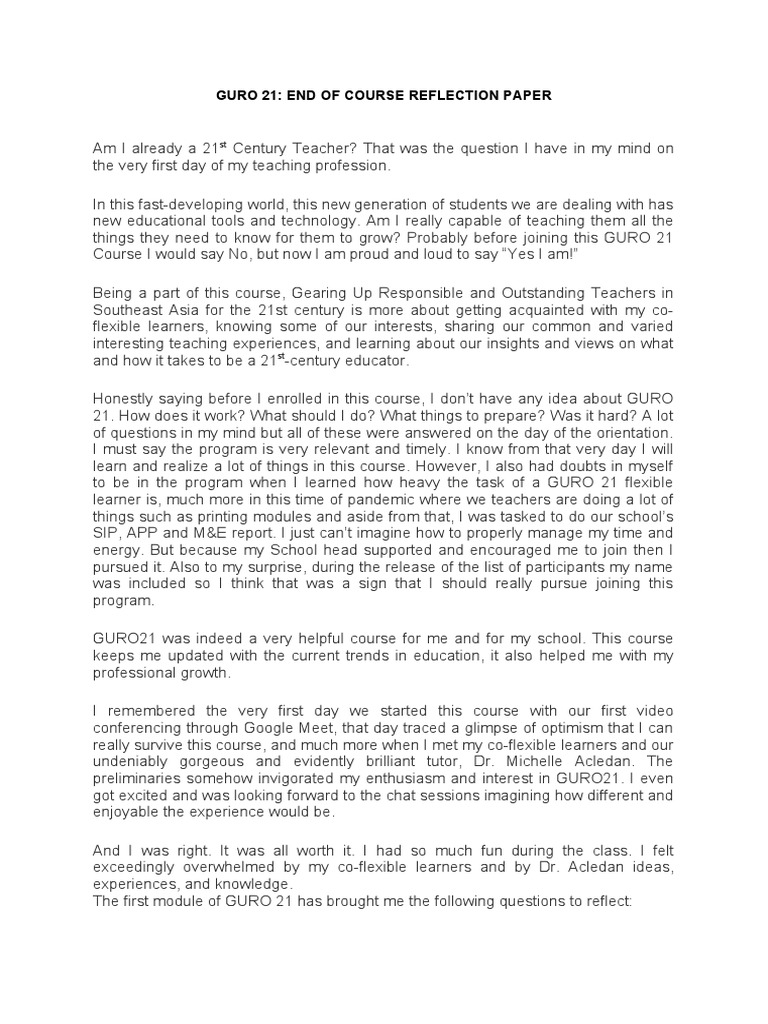 Reflection Paper-Reo Lynn April O. Manansala | PDF | Teachers | Learning