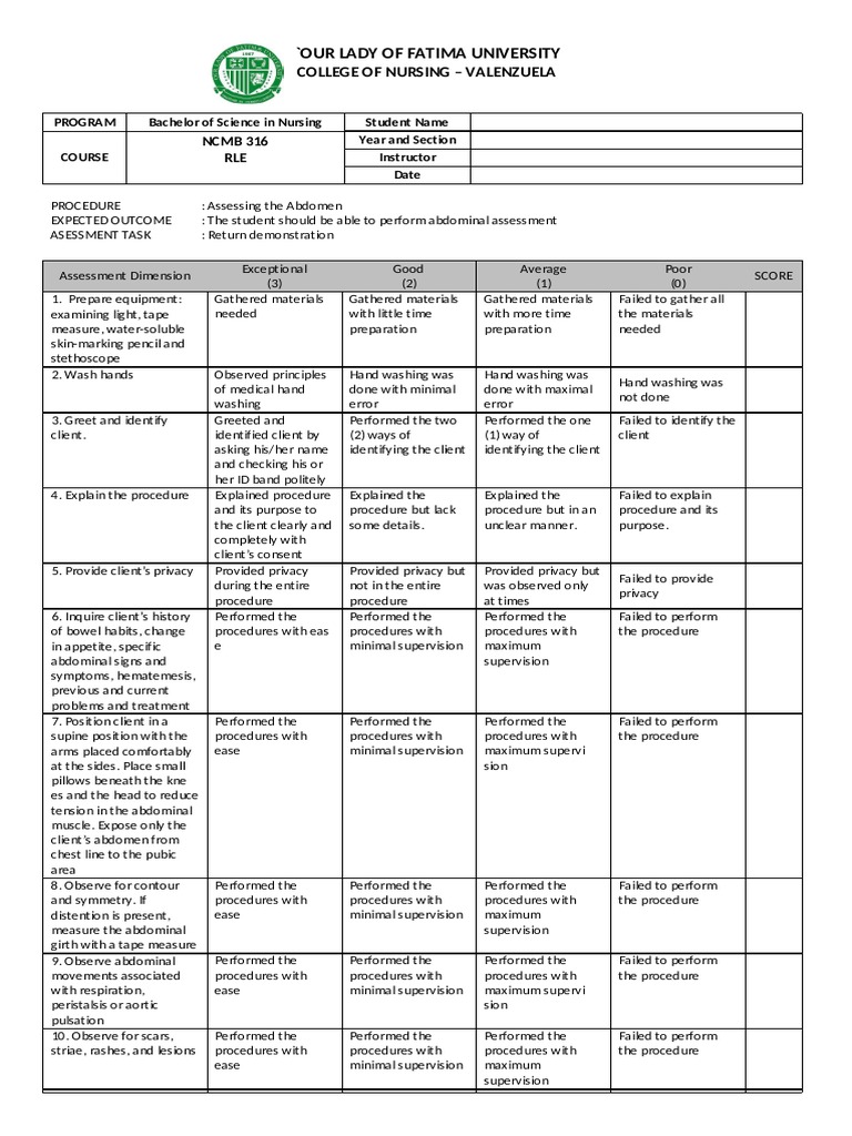 RUBRIC Assessing The Abdomen 1 | PDF | Abdomen | Medical Specialties