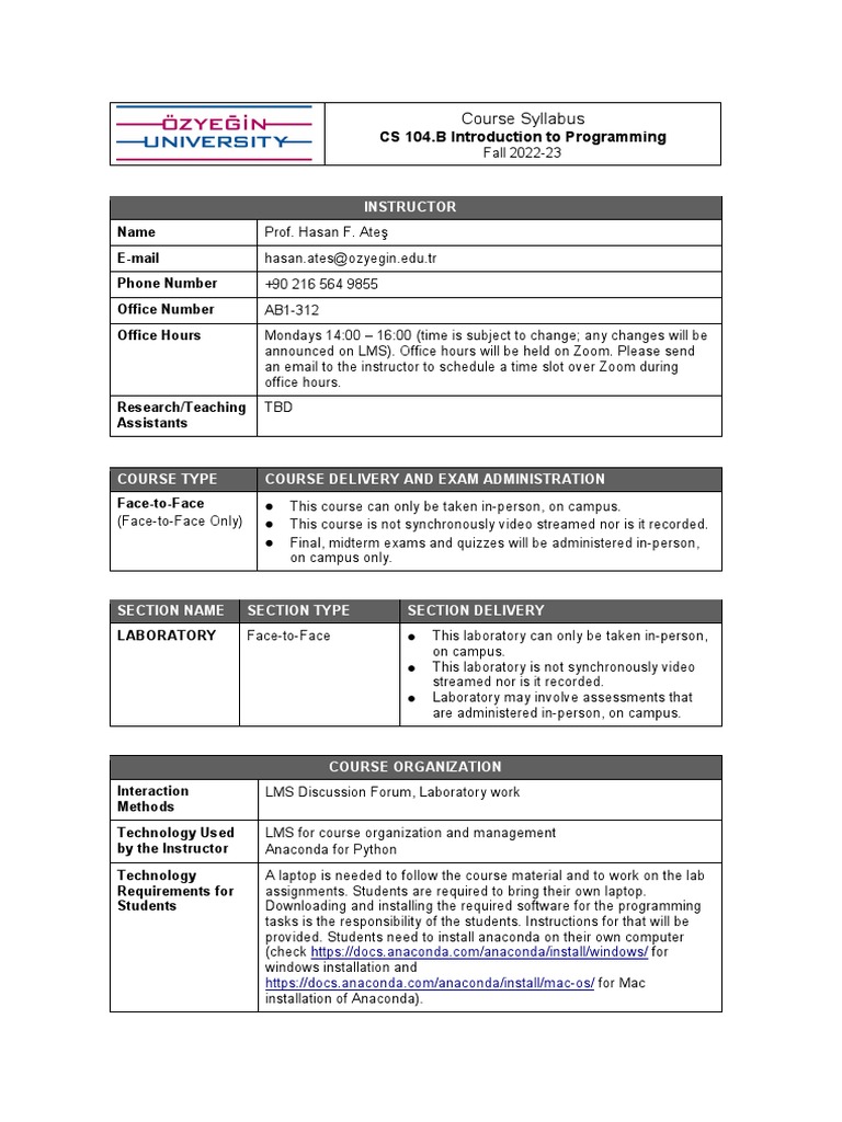 Syllabus CS104 B 2022 Fall ENG HasanAteş PDF | PDF | Control Flow ...