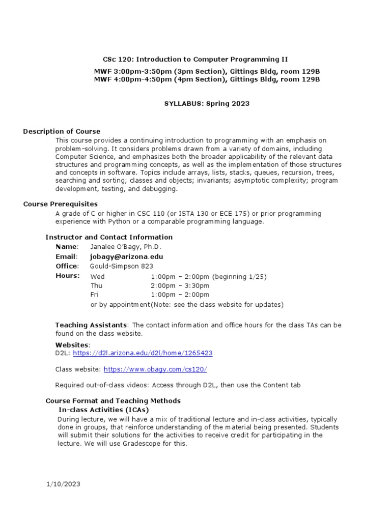 cs120 Syllabus | PDF | Computer Programming | Class (Computer Programming)