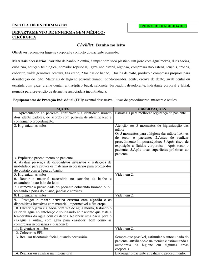 CHECK LIST BANHO NO LEITO Versao Atualizada em Abril de 2021 PDF | PDF | Enfermagem | Desinfetante