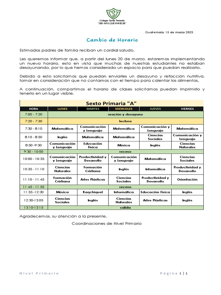 Circular Cambio de Horario 6° A | PDF