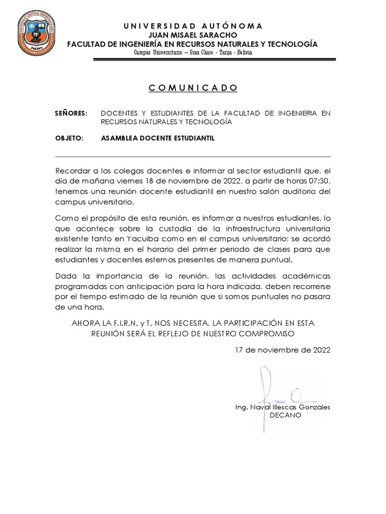 COMUNICADO-Reunión Docente-Estudiantil PDF | PDF