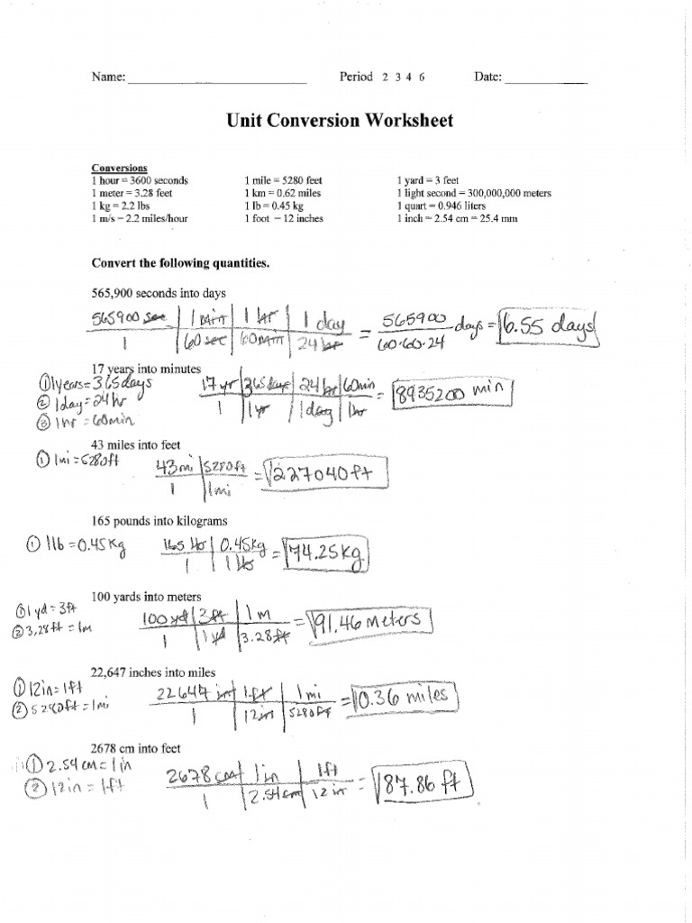 Unit Conversions WS Answer Key | PDF