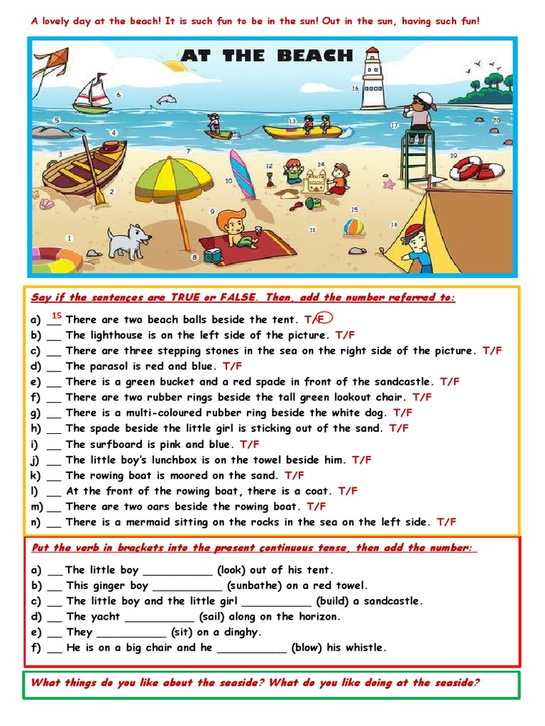 Present Continuous Beach Activities | PDF