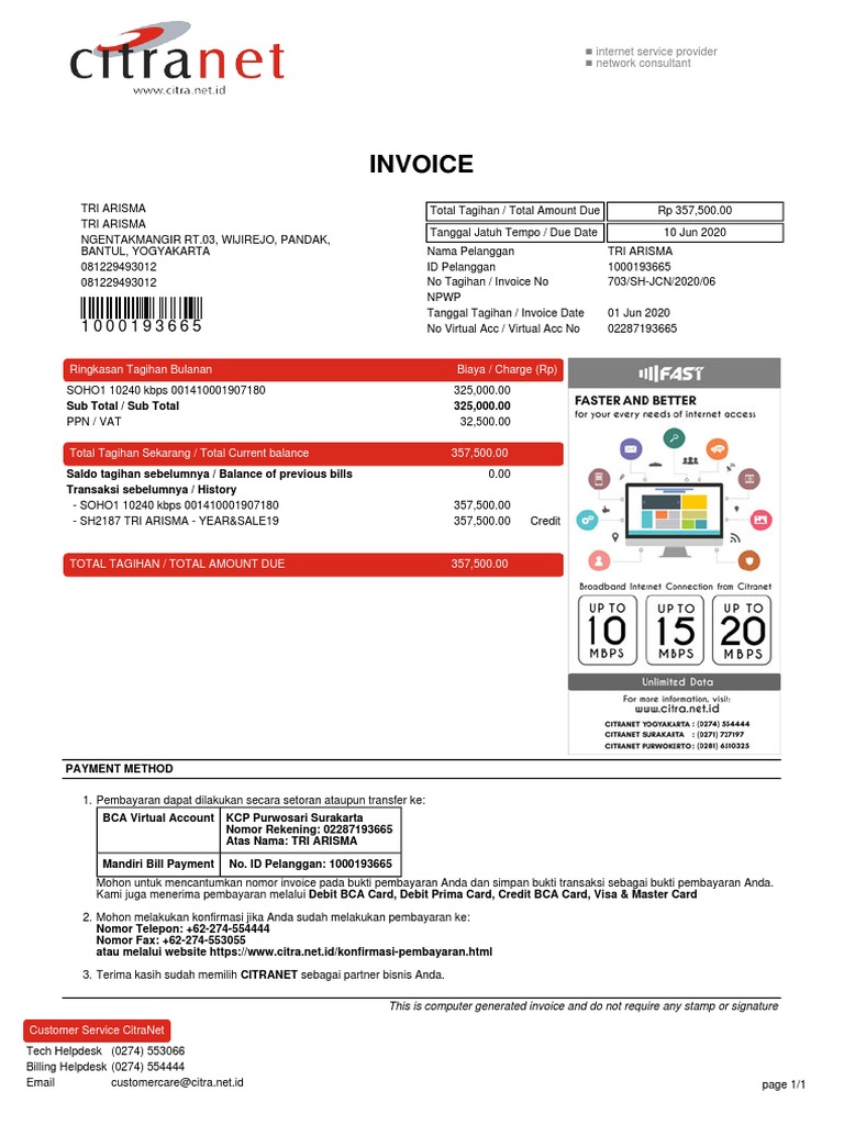 Invoice CitraNet untuk TRI ARISMA | PDF