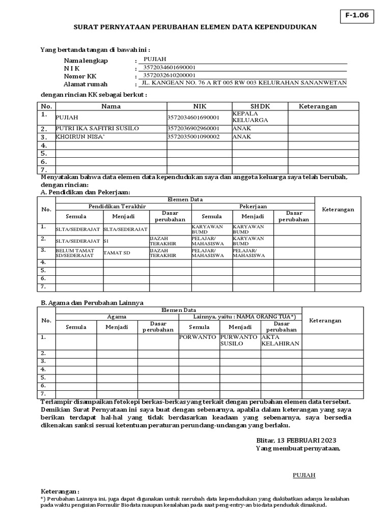 Form Perubahan KK | PDF