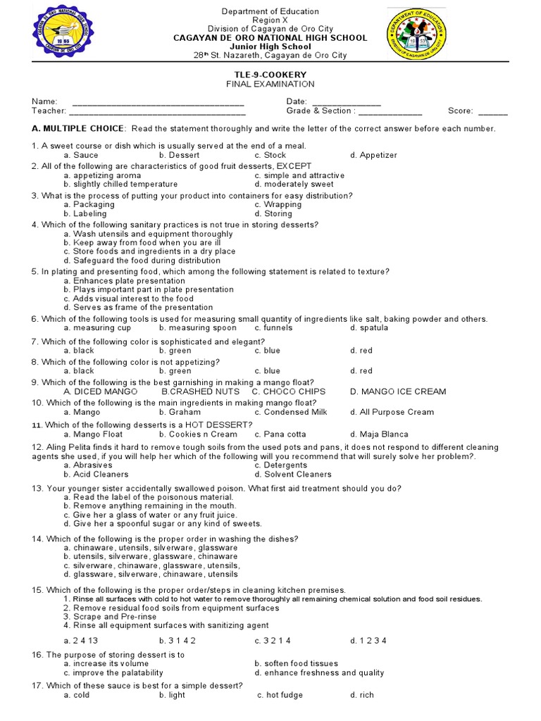 4th Quarter Exam in Cookery-9 | PDF | Custard | Desserts