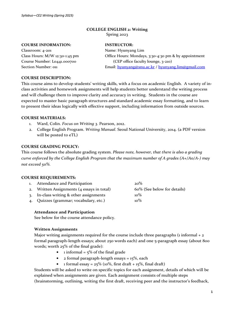 CE2 Writing Syllabus Spring 2023 | PDF | Essays | Communication