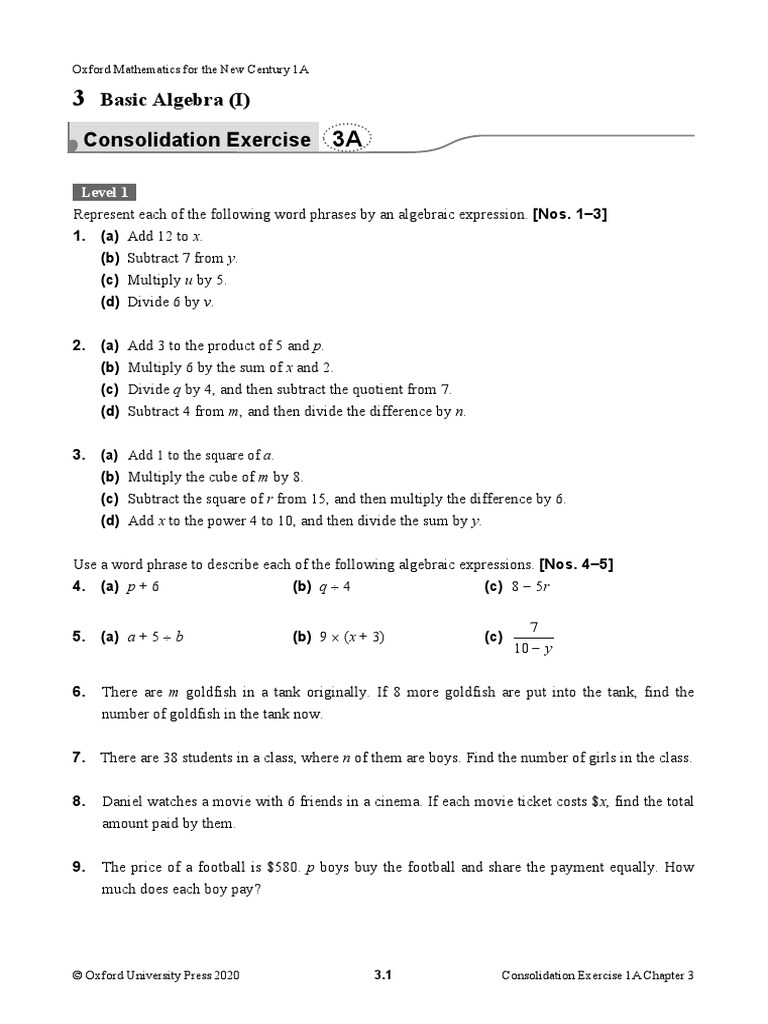 1A Ch03 ConsolidationExercise PDF | PDF | Length | Algebra