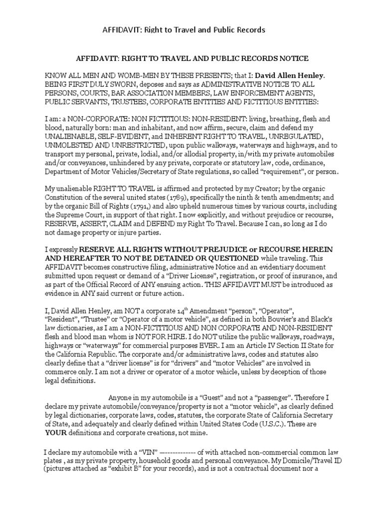 Affidavit Right To Travel and Declaration of Status | Download Free PDF ...