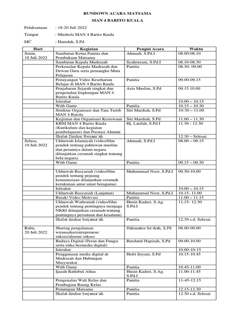 Rundown Acara Matsama | PDF