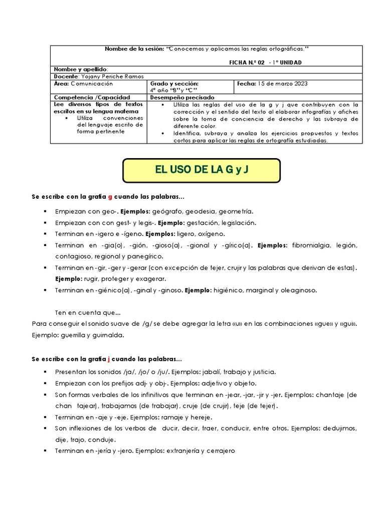 Reglas Ortográficas: Uso de G y J | PDF | Idiomas | Estudios de idiomas ...