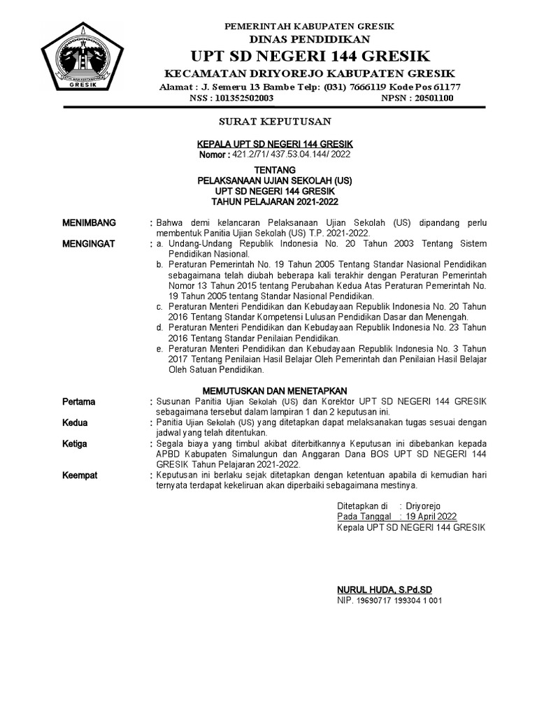 SK Us Upt SDN 144 Gresik 2021-2022 | PDF