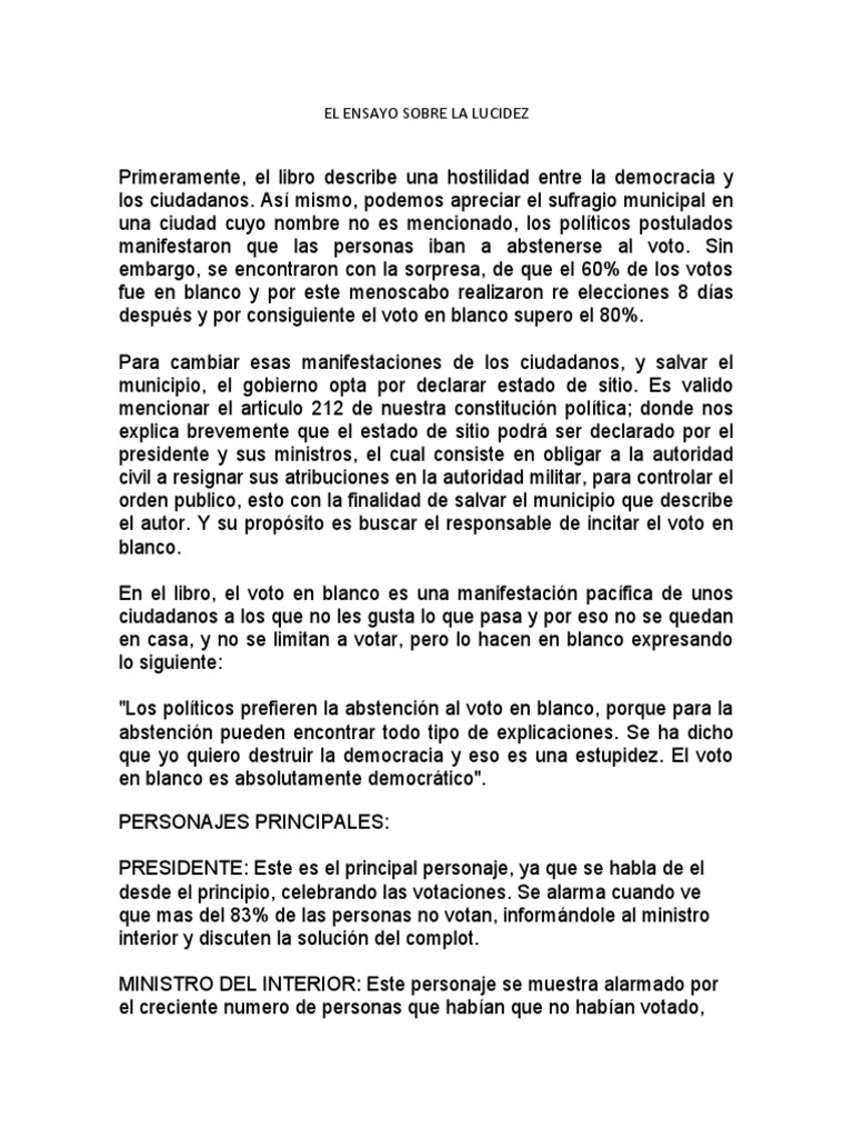 El Ensayo Sobre La Lucidez | PDF | Democracia | Ideologías políticas