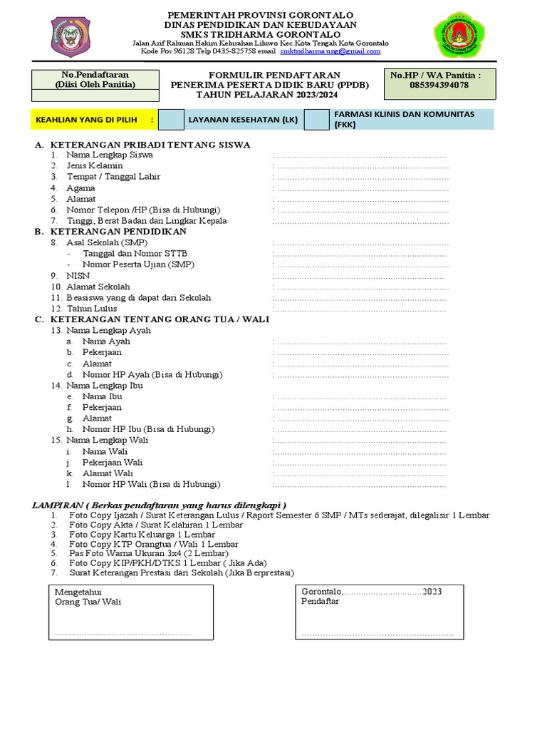 Formulir PPDB SMKS Tridharma Gorontalo | PDF