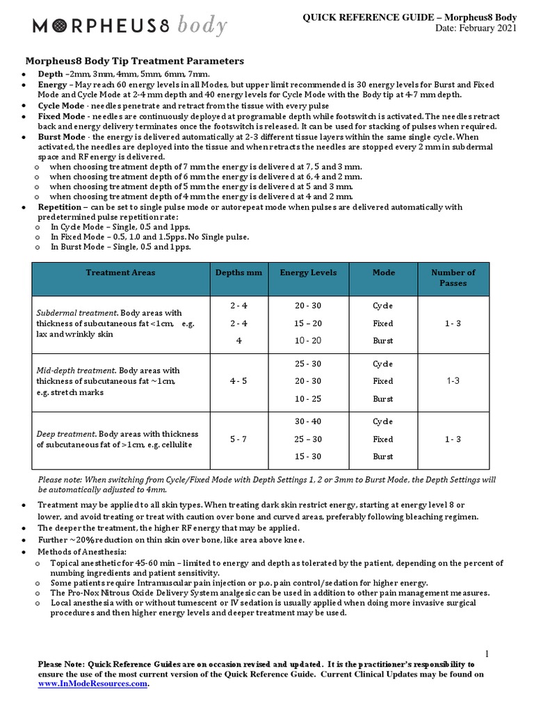 Morpheus8 Body Treatment Parameters Guide | PDF | Anesthesia | Clinical ...