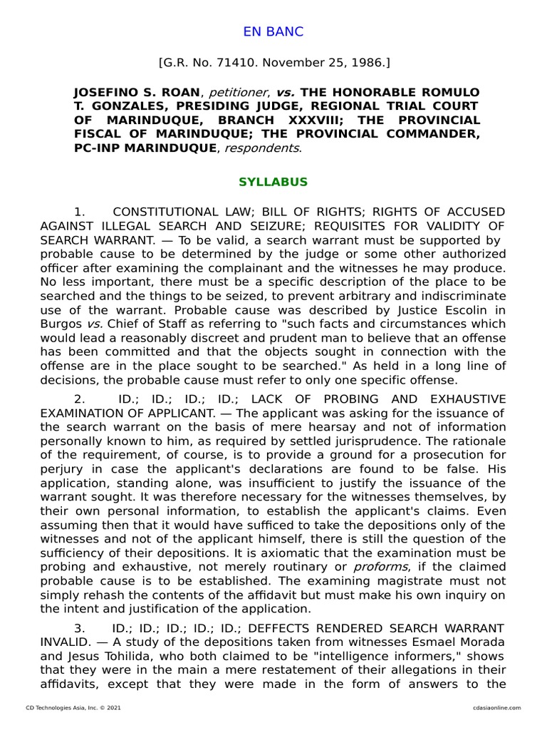 Roan v. Gonzales, 145 SCRA 687 | PDF | Search And Seizure | Search Warrant