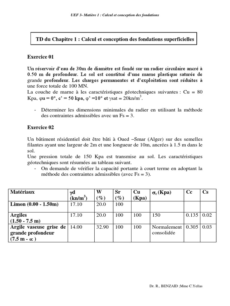 TD Chapitre 01calcul Et Conception Des Fondations Superficielles | PDF