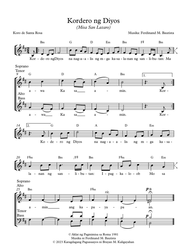 Kordero NG Diyos Misa San Lazaro - Full Score | PDF