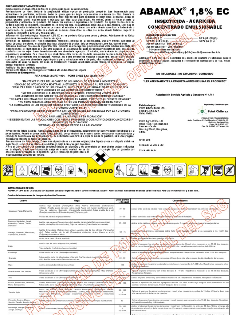 Abamax 1.8 Etiqueta 26-07-2022 | PDF | Pesticida | Agua