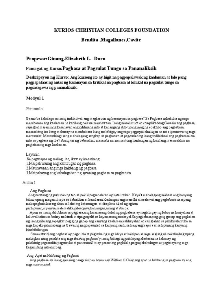 Modyul Sa Pagbasa at Pagsulat Tungo Sa Pananaliksik | PDF