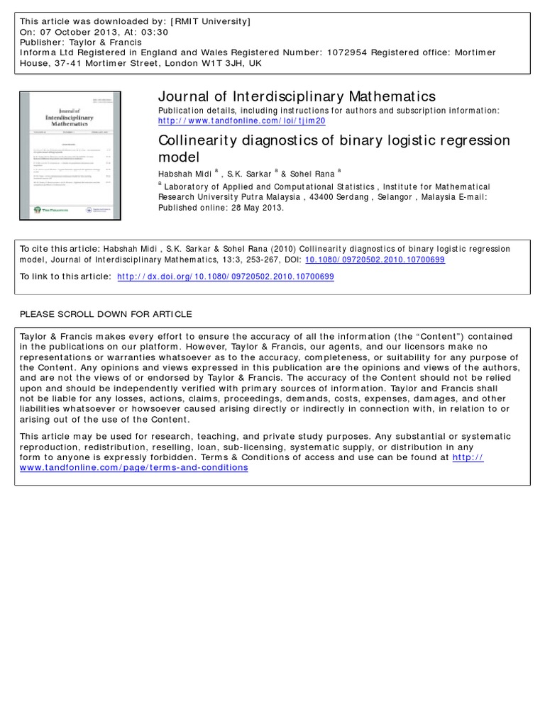 Midi, H., Sarkar, S. K., & Rana, S. (2010) - Collinearity Diagnostics of Binary Logistic ...