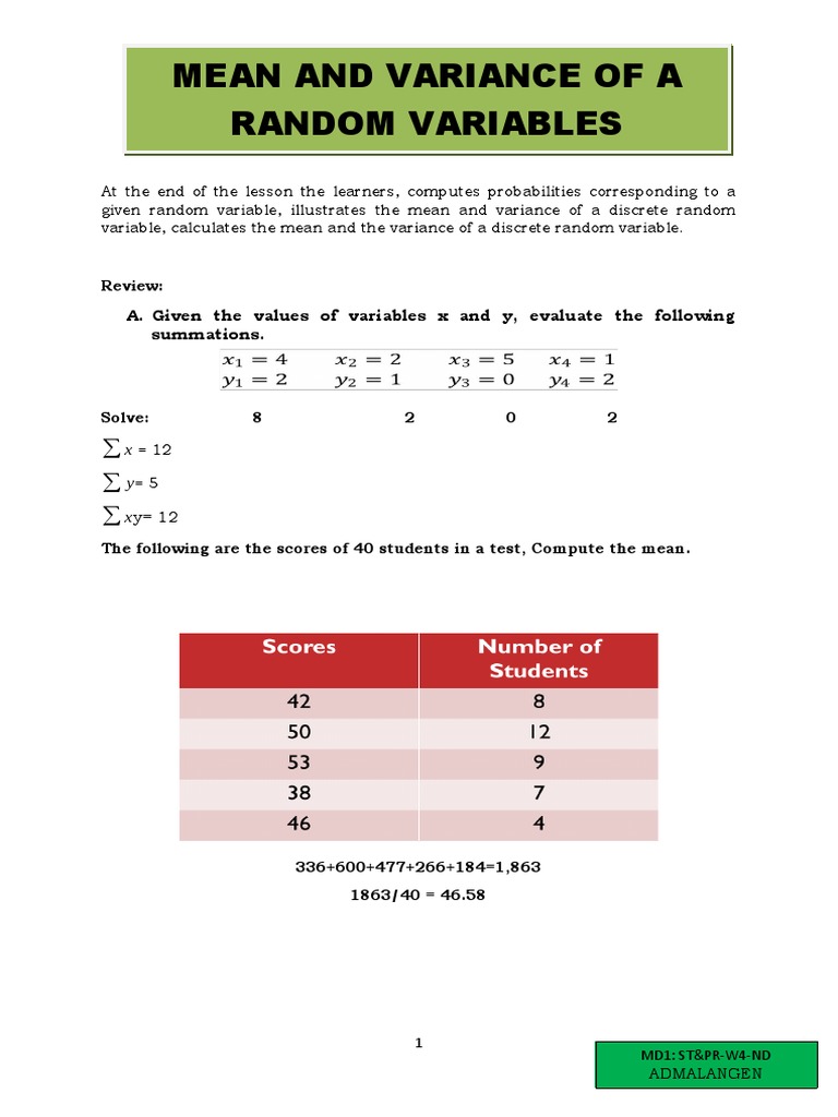Week 2-3 - Mean and Variance | PDF | Variance | Standard Deviation