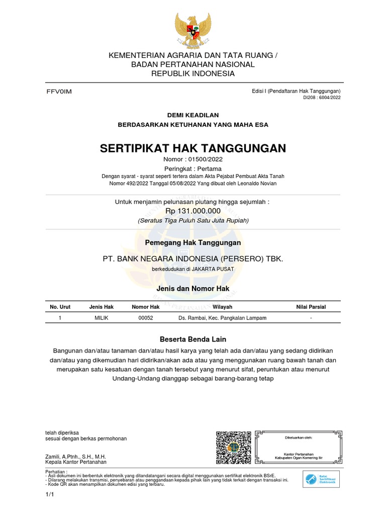 Sertipikat Hak Tanggungan: Kementerian Agraria Dan Tata Ruang / Badan ...