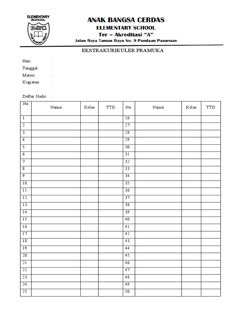 Daftar Hadir Ekstrakurikuler Pramuka | PDF Daftar Hadir Ekstrakurikuler Pramuka | PDF