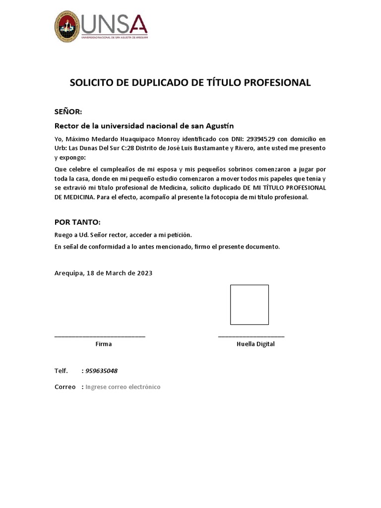 Solicito de Duplicado de Título Profesional | PDF | Derecho