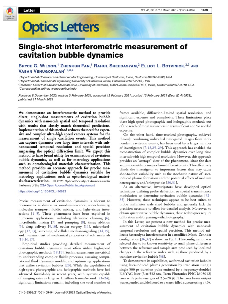 2021 Ol Single Shot Interferometric Measurement Of Cavitation Bubble