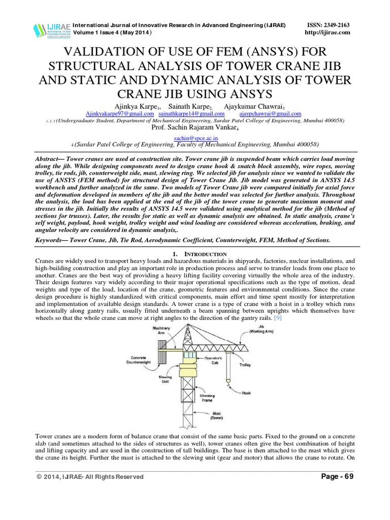 Validation of Use of Fem (Ansys) For Structural Analysis of Tower Crane Jib and Static and ...