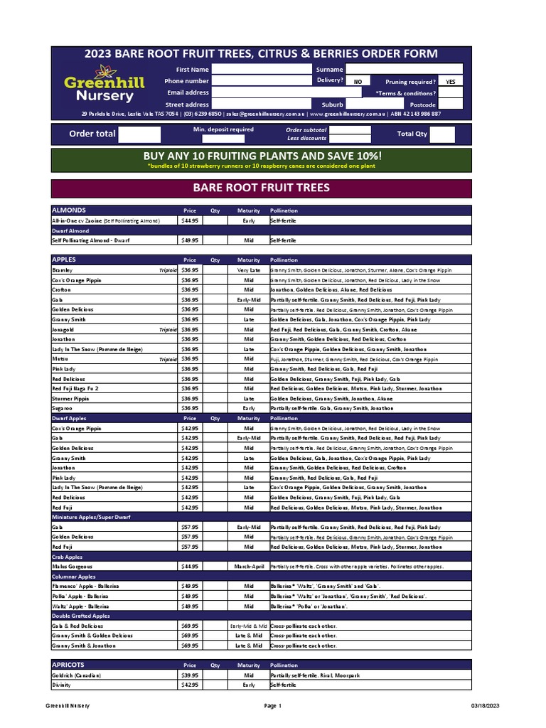 Fruit Trees Berries Citrus Order Form 2023 | PDF | Peach | Plum