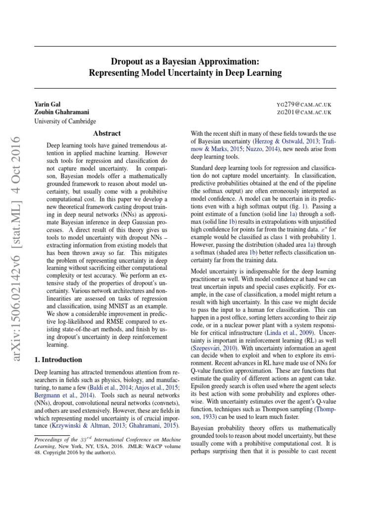 Dropout As A Bayesian Approximation: Representing Model Uncertainty in Deep Learning | PDF ...