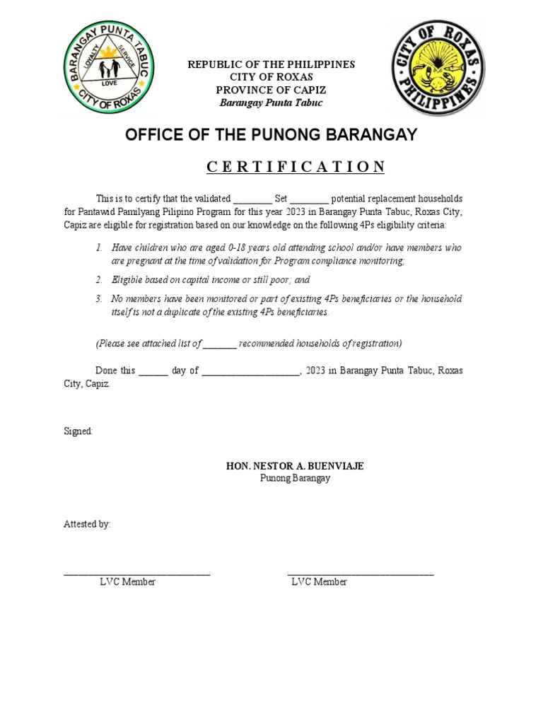 Barangay Certification for 4Ps Eligibility | PDF | Social Science