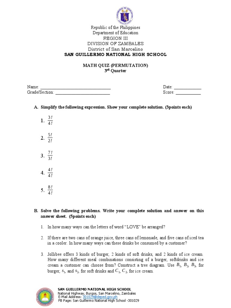 Math Quiz on Permutations with Worked Examples and Word Problems | PDF ...