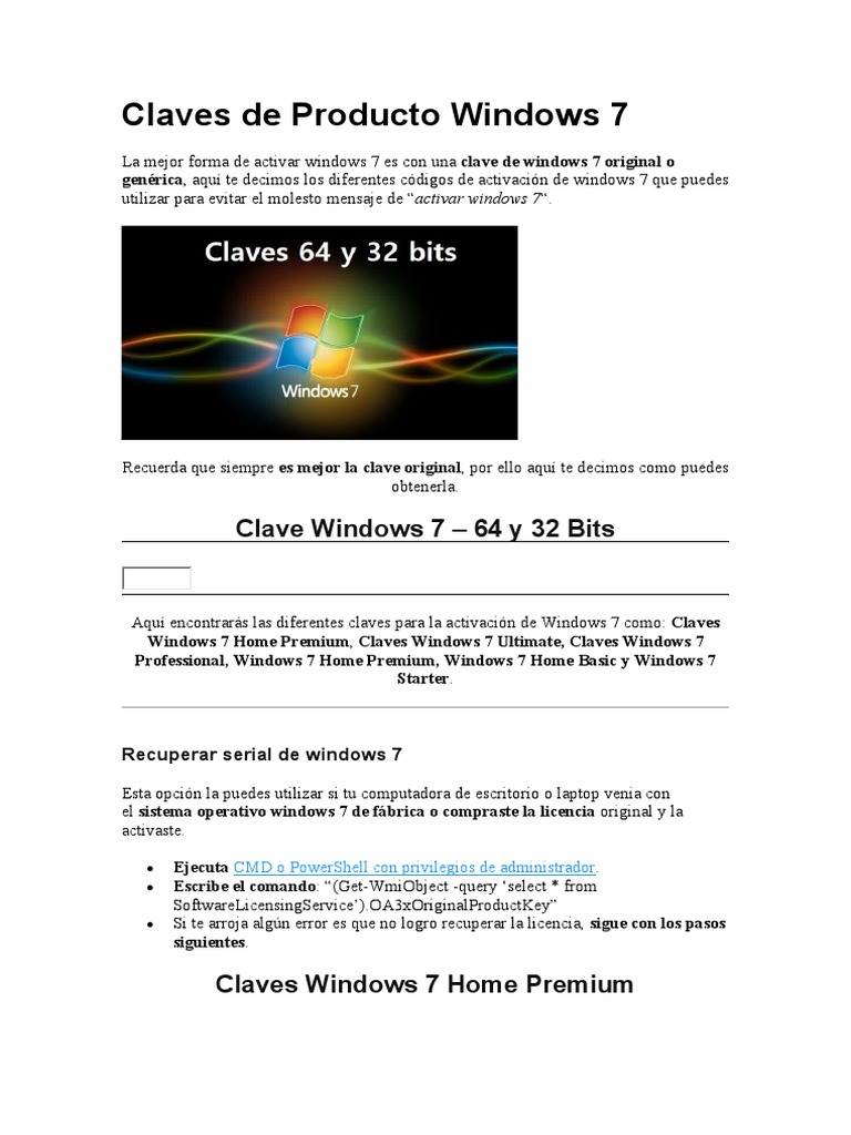 Claves de Producto Windows 7 | PDF | Windows 7 | Microsoft Windows