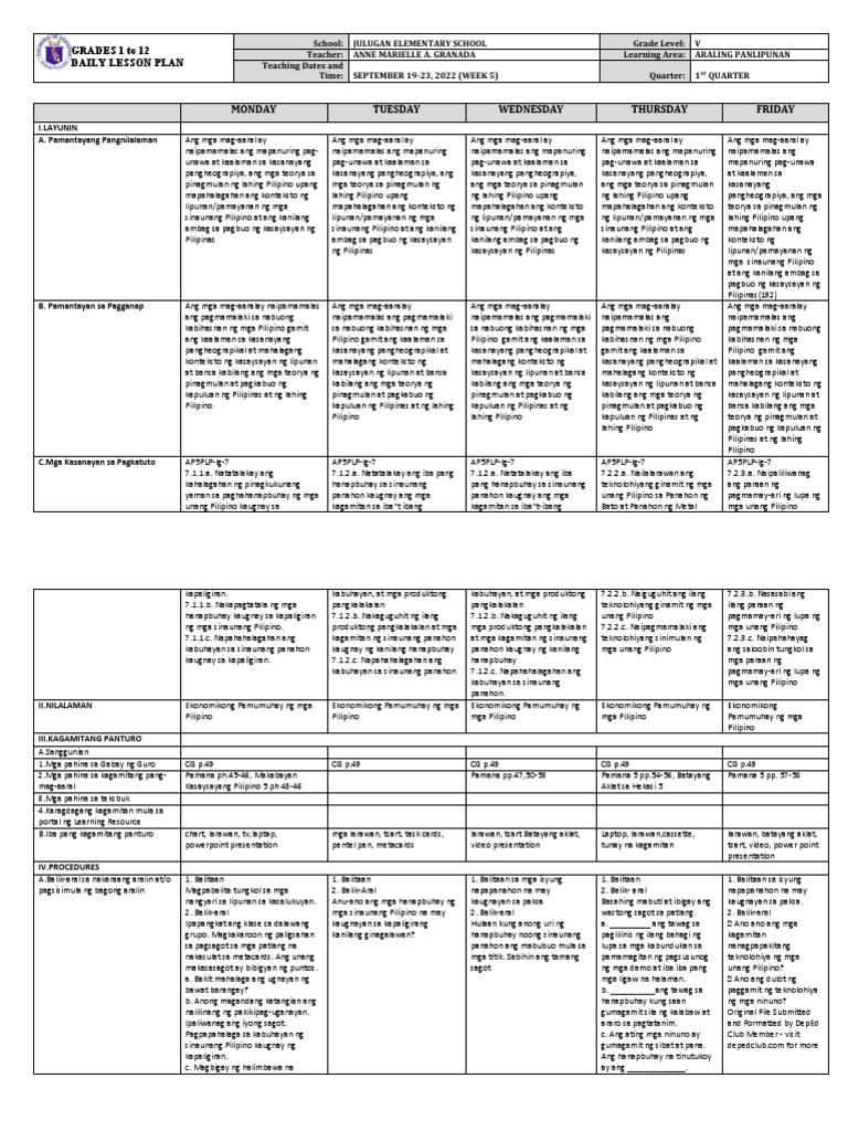 DLP - Araling Panlipunan 5 - Q1 - W5 | PDF